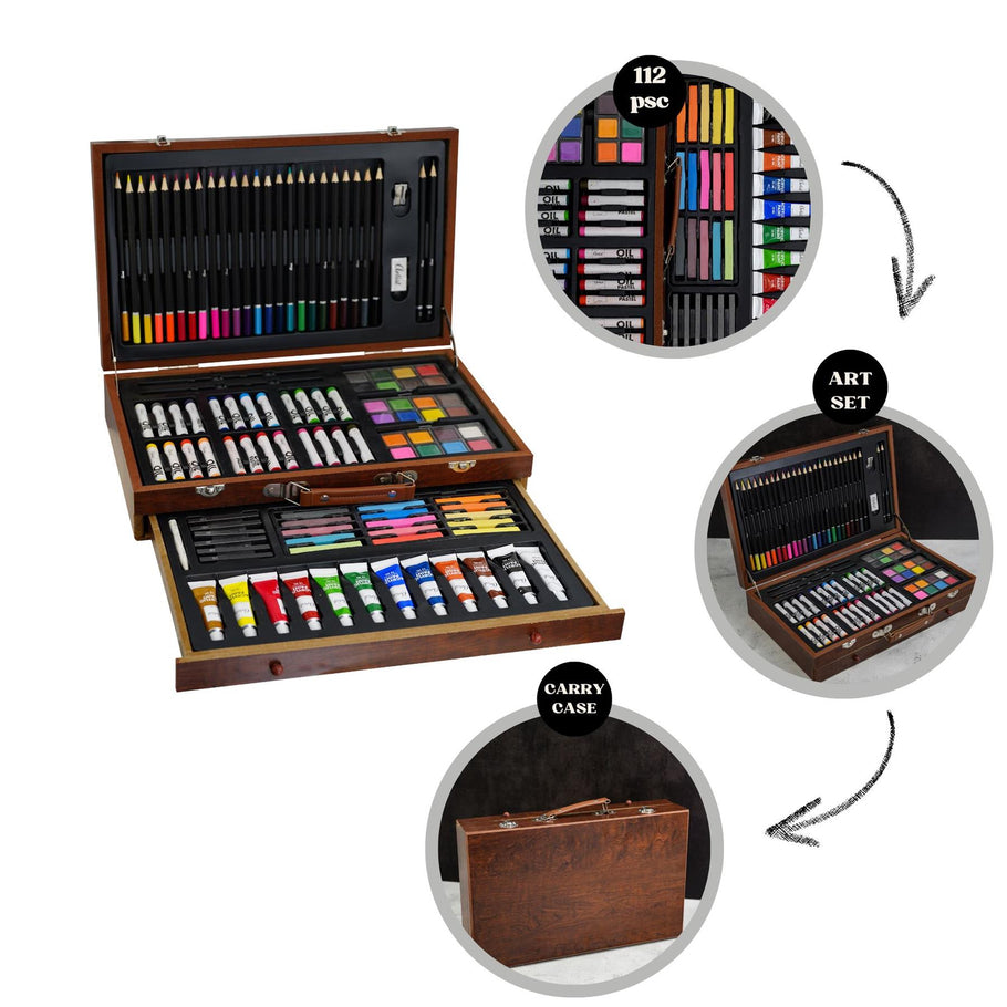 112 PCS Wooden Case Kids Art Set - Brown - Art Set - Art Set - Graphite ...